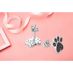 S925 Sterling Silver Jewelry Puppy Dog Cat Pet Paw Print Black CZ Stud Earrings
