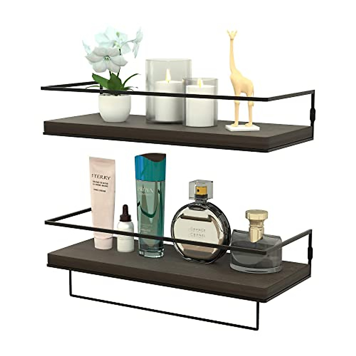 ZGO Floating Shelves for Wall Set of 2, Wall Mounted Storage Shelves with Metal Frame and Towel Rack for Bathroom, Kitchen, Bedroom