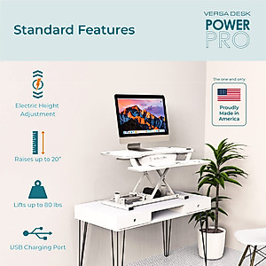 VERSADESK Electric Standing Desk Converter, PowerPro Height-Adjustable Sit Stand Desktop Riser with Keyboard Tray, USB Charging Port, 36" X 24", White
