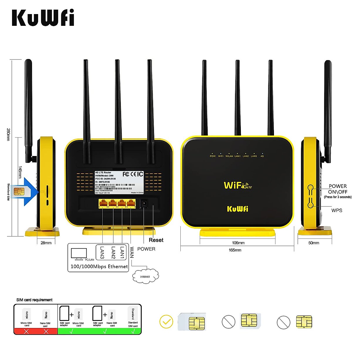 KuWFi vSIM Hotspot 4G LTE Router 1200Mbps Dual Band Gigabit WiFi External Antenna with US 2GB Data vSIM Router Offer high-Speed Data Plans to accommodate RV orRural No Contract Plug and Play
