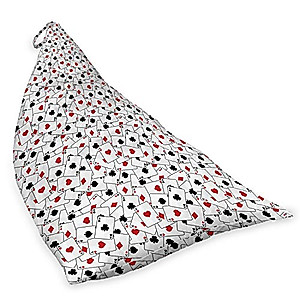 Lunarable Poker Lounger Chair Bag, Scattered Aces of Spades and Hearts Winning Hand Design Graphic Illustration, High Capacity Storage with Handle Container, Lounger Size, Red Black White