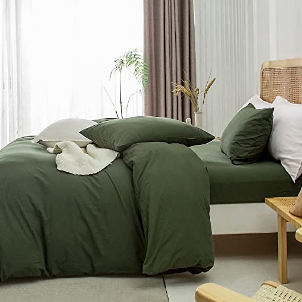 ZOVAN Cal King Duvet Cover Set - 100% Washed Cotton Super Soft Shabby Chic Durable 3 Pieces Home Bedding Set with Zipper Closure, Olive Green