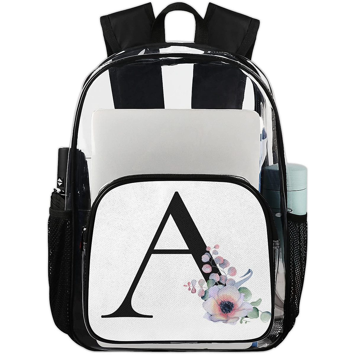 Heavy Duty Clear Backpack Stadium Approved, Alphabet Monogram Floral M Letter PVC Transparent Backpack See Through Large Bookbag for Work School Travel College