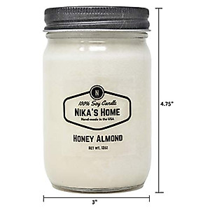 Nika's Home Honey Almond Soy Candle 12oz Mason Jar Non-Toxic White Soy Handmade, Long Burning 50-60 Hours Highly Scented All Natural, Clean Burning Large Candle Gift Décor