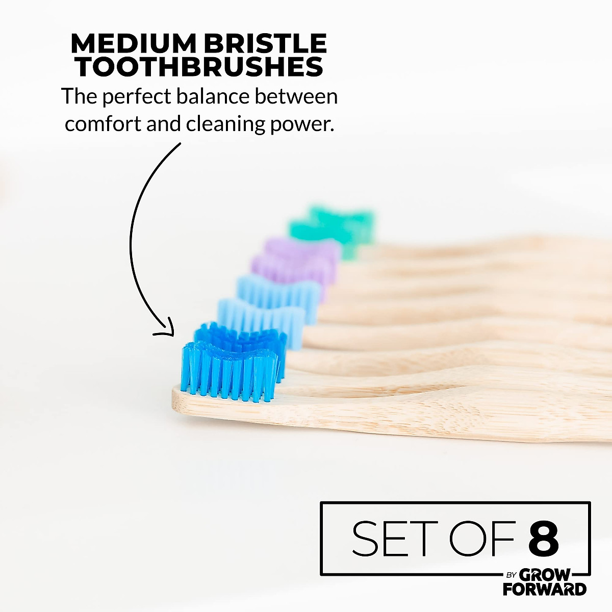 Grow Forward Premium Bamboo Toothbrushes Medium Bristles Toothbrushes - Manual Toothbrush Pack of 8 - Aesthetic Wooden Look - Natural Eco Friendly Sustainable Biodegradable Adult Tooth Brush