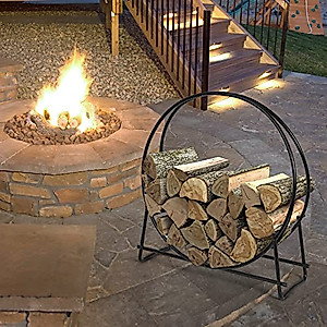Happytools Firewood Rack, 40 Inch Heavy Duty Tubular Steel Round Log Hoop for Indoor and Outdoor, Black Wood Storage Holder for Fireplace, Fire Pit, Patio, Deck, Porch