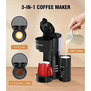 AIKAMI Single Serve Coffee Maker for K Cup & Ground Coffee with Milk Frother, 6 to 14 Oz Brew Sizes, Auto-Off Coffee Machine with Water Reservoir
