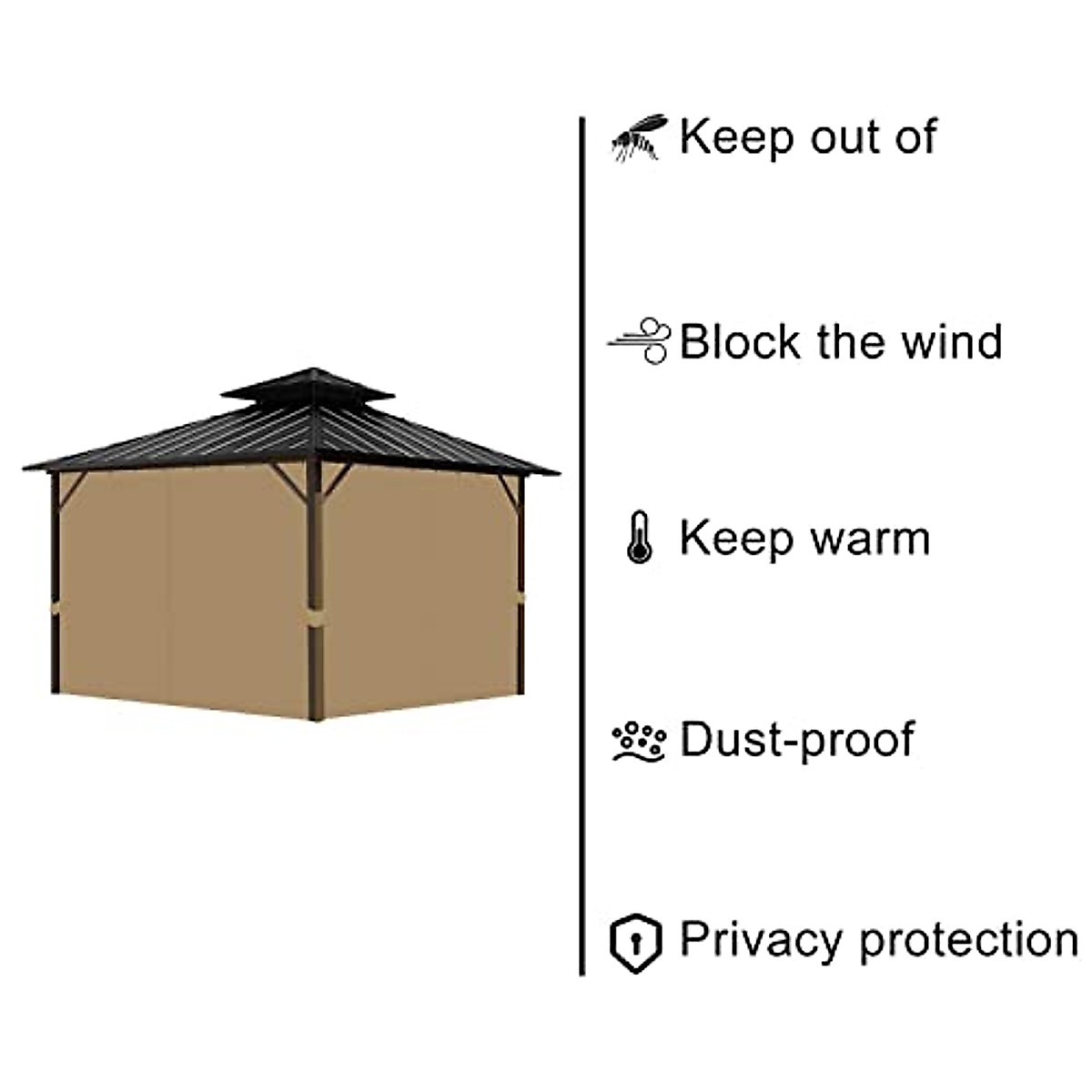 Gazebo Universal Replacement Privacy Curtain, 10'X12' Gazebo Curtains Outdoor Waterproof, 4-Panels Sidewall Curtains with Zipper for Patio, Garden and Backyard (Only Curtains, 10'X12', Brown)