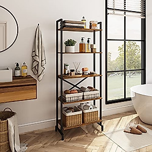 Hoctieon 5 Tier Bookshelf, Tall Bookcase Shelf Storage Organizer, Vintage Wood Open Shelves, Utility Organizer Shelves for Home Office, Living Room, Bedroom, Kitchen, Bathroom, Rustic Brown