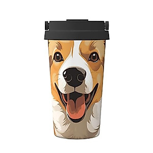 GTKSYNVE Reusable Coffee Mug with Lid and Handle, Cute Cartoon Welsh Corgi Dog Tumbler for Hot & Cold Drinks 16oz Stainless Steel Insulated Coffee Tumblers Double Wall Vacuum Thermal Cup
