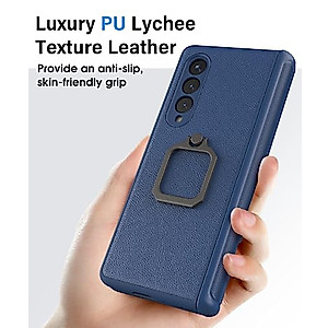 ATATOO for Samsung Galaxy Z Fold 3 Case, Z Fold3 Case Built-in Screen Protector & Hinge Protection & Kickstand, Durable Anti-Scratch Full Body Protection Leather Phone Case for Galaxy Z Fold 3,Blue