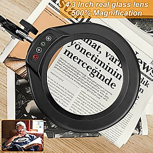 5X Large Magnifying Glass with Light and Stand, KRSTLV 2 x 16 Inch Swivel Arm LED Desk Lamp with Clamp, 5 Color Modes Stepless Dimmable Lighted Magnifier Hands Free for Close Work, Craft, Hobby, Black