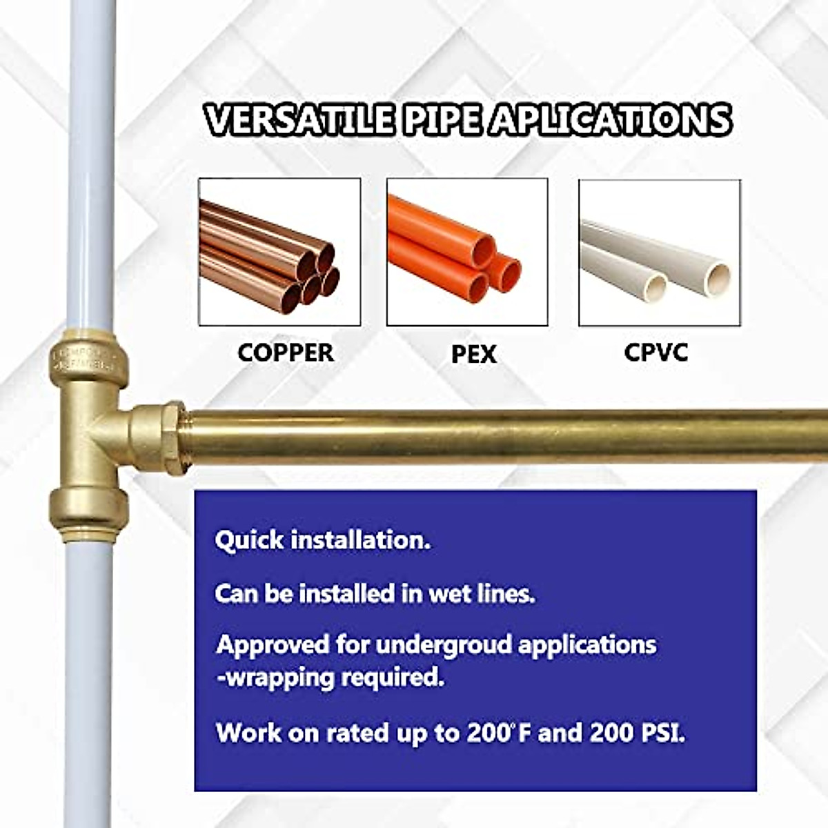 HQMPC Pex Fittings Female Tee No Lead 3/4" Push Fit Female Plumbing Tee Push-to-Connect Plumbing Fittings Brass Pipe Connector T Fittings for Copper PEX CPVC 2Pcs