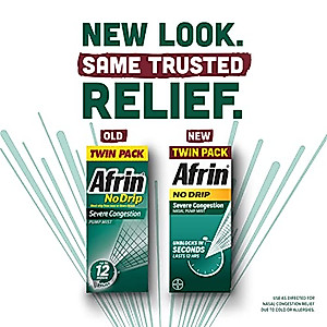 Afrin No Drip Severe Congestion Maximum Strength Nasal Spray - 12 Hour Nasal Spray Relief for Nose Congestion, Nasal Swelling, and Allergies - 2 x 0.5 Fl Oz Bottles - Pack of 1