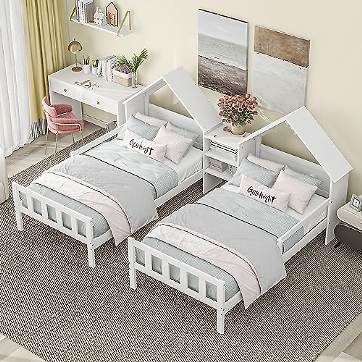 SOFTSEA Twin and Twin Bed Frame with House-Shaped Headboard and Built-in Nightstand 2 Beds in One for Juniors Kids