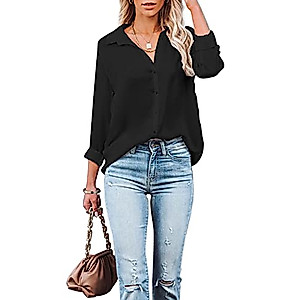 Diosun Womens Button Down V Neck Shirts Long Sleeve Office Casual Business Plain Blouses Tops (Medium, Black)