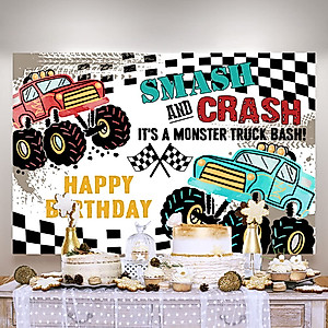 Ticuenicoa Grave Digger Monster Truck Birthday Backdrop - 5x3ft Flame Design Photo Booth Background for Boys, Kids Party Decorations Banner & Props Supplies