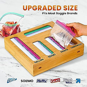 Ziplock Bag Organizer with Foil and Saran Wrap Dispenser With Cutter For Kitchen Drawer - 9 in 1 Bamboo Food Storage Organizer Perfect For Plastic Ziploc Gallon, Sandwich Baggies & 12” Rolls mHomeAid