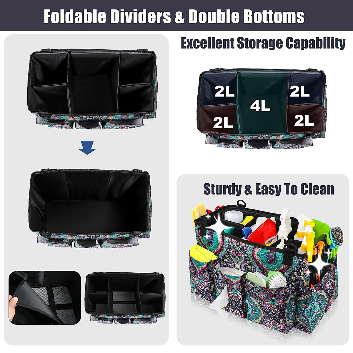 Large Wearable Cleaning Caddy Bag, Cleaning Caddy Organizer with Handle | Shoulder & Waist Strap, Cleaning Supplies Organizer Tote with Foldable Dividers for Cleaner Housekeeper (Flower-pattern)