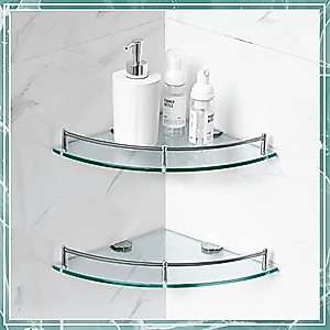 Corner Shower Shelf 2-Tier Glass Corner Shelf Stainless Steel Wall Mounted Corner Bathroom Organizer for Storing Bottle Shower Gel Shampoo Brush, Silver, 9.25 Inches（2Pcs）