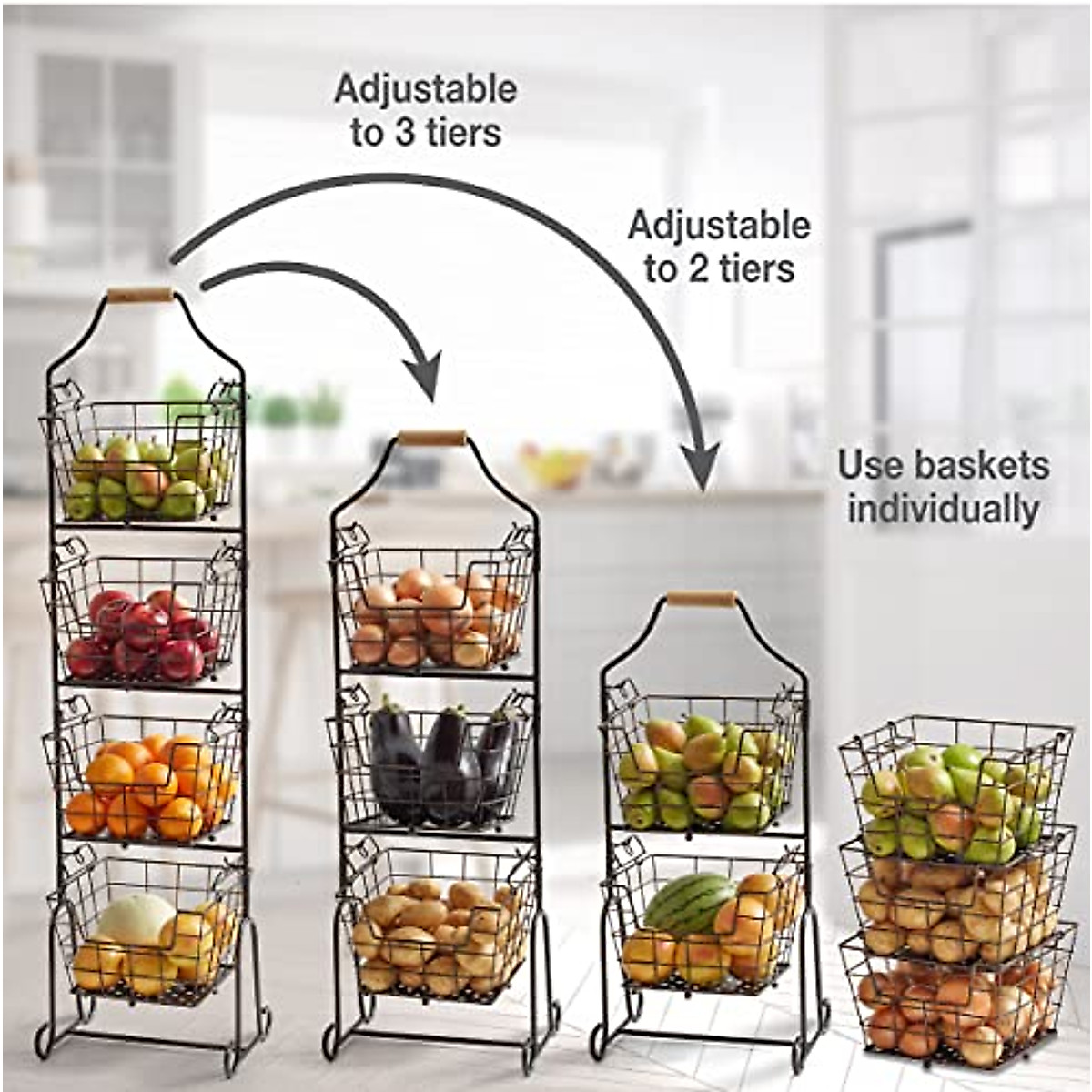 Gourmet Basics by Mikasa Ferme 4-Tier Metal Floor Standing Fruit/Home Storage Market Basket, Antique Black