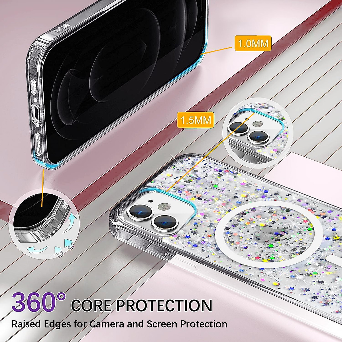 KMERUOTR Magnetic Case Compatible with iPhone 12 Mini Case Glitter - Compatible with MagSafe Charger Phone Case for Women Girls, Full-Body Shockproof Protective Case Cover for iPhone 12 Mini 5.4 Inch