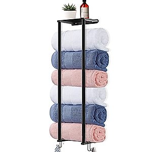 TouYinger Towel Rack for Bathroom, Towel Holder for Bathroom Wall, Metal Towel Rack Wall Mounted with Shelf and Hooks, Bathroom Towel Storage for Large Towels and Small Towels (Black Shelf)