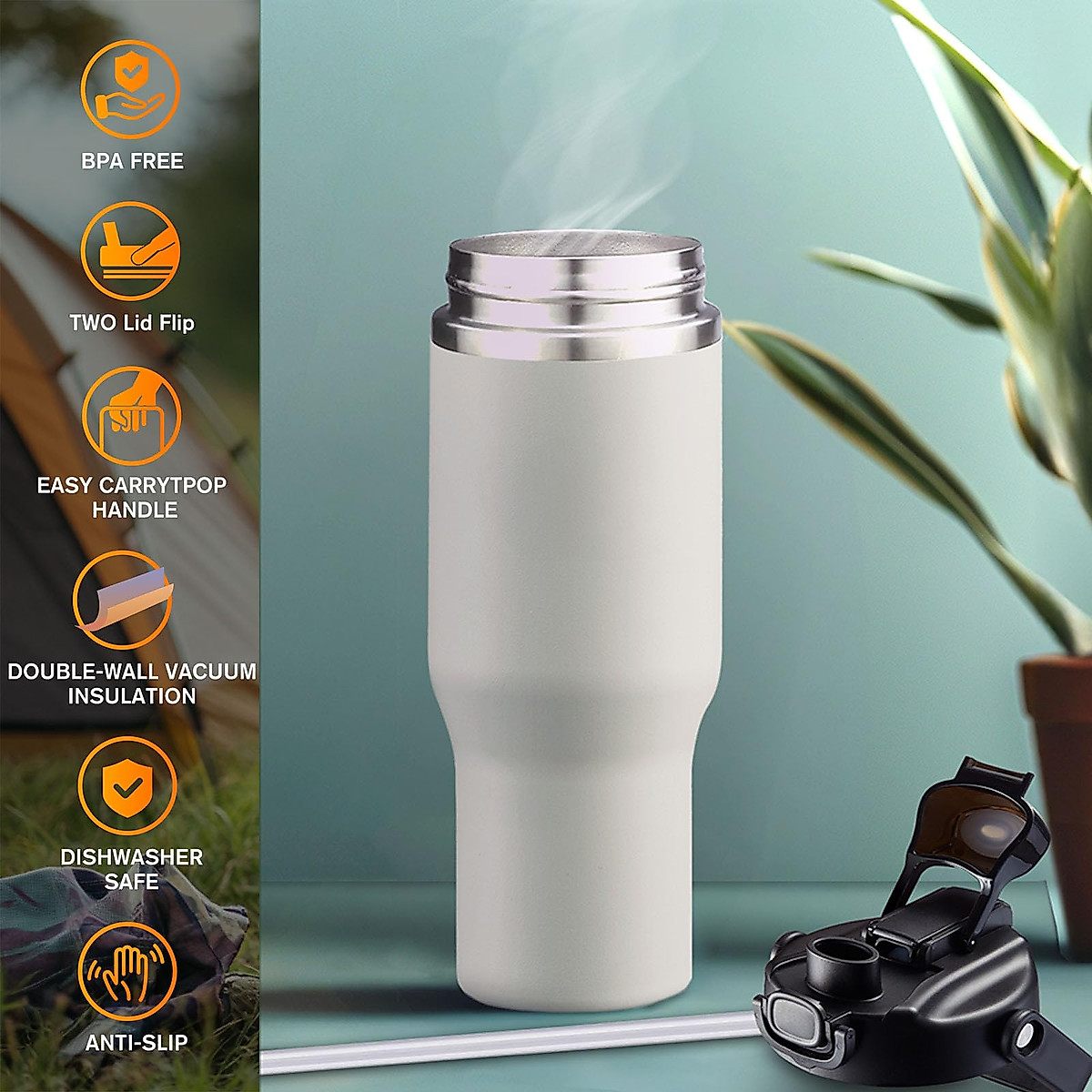 POPOACTI Insulated Tumbler,34 oz Stainless Steel Water Bottle, BPA-Free, Double-Walled Vacuum, Flip Straw for Travel, Keeps Drinks Hot & Cold for 12 Hours,For Travel, Gym & Office (White)