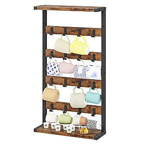 Homeiju 16-Hook Large Coffee Mug Holder for Countertop/Wall Mounted,4 Tier Coffee Cup Holder with Top & Bottom Storage Shelf,Adjustable hook & Shelves,Mug Rack Stand for Home Bar,Coffee Station