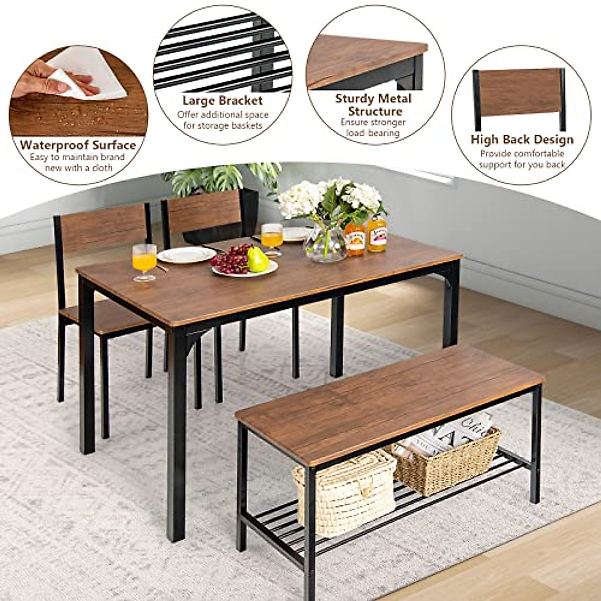 Tangkula 4-Piece Dining Table Set, Kitchen Table with Bench and Chairs, Metal Frame, Space-Saving Furniture, Modern 4-Person Dinette for Kitchen, Dining Room