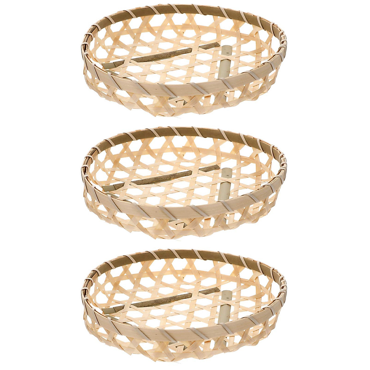 Hemoton 3PCS Bamboo Woven Basket Flat Wicker Round Egg Basket Natural Handmade Food Vegetables Fruits Storage Shallow Tray Organizer Holder Bowl for Home Kitchen