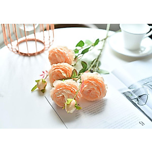 famibay Faux English Cabbage Rose 4 Branch 12 Stems Bundle Mixed Blooms & Buds Spays in Peach Pink, Artificial Silk Flowers & Fake Greenery, Indoor Outdoor Wedding Home Decor