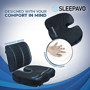 Sleepavo Memory Foam Cooling Gel Seat Cushion for Office Chair - Back & Butt Pillow for Sciatica Tailbone Coccyx Hip Pain Relief for Gaming, Car & Airplane - Padded Lumbar Support Pillow for Coxyx