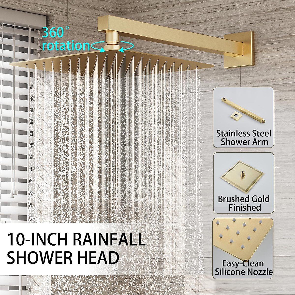 Holispa Gold Shower System, Shower Faucet Set with 10-Inch Rain Shower Head and Handheld, Wall Mounted High Pressure Shower Head Set, Shower Combo Set with Shower Valve and Shower Trim, Brushed Gold