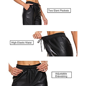 Ginasy Faux Leather Pants for Women High Waist Pleather Jogger Pants Straight Leg Trousers with Pockets Black