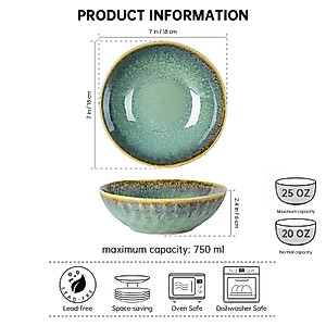 Henten Home Ceramic Cereal Bowls, Irregular Shape Pasta Bowls Set of 4, 25 OZ Porcelain Salad Bowls, Large Oatmeal Bowls for Kitchen, Serving Stoneware Bowls Set, Reactive Glaze (Green)