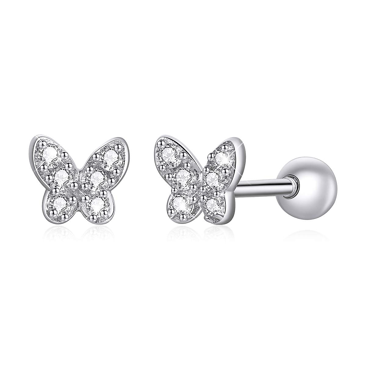 BISAER 925 Sterling Silver Tiny Butterfly Earrings With Screw Back Cubic Zirconia Stud Earrings for Women Cartilage Jewelry
