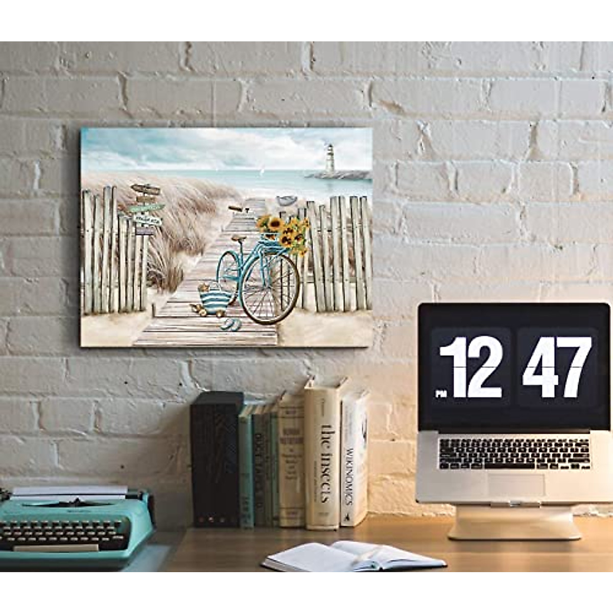 LAIART Beach Canvas Wall Art for Bathroom With Fence Wooden Path Bike Decor Lighthouse Print Pictures Artwork (11"x15")