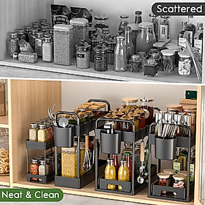 2 Pack Under Sink Organizer- 2 Stackable Rack Organizer Tier Bathroom Under the Sink Organizers Multi-Usage Kitchen Cabinet Organizers and Storage Bath Shelf Baskets w 4 Hanging Cup and 5 Hooks, Black