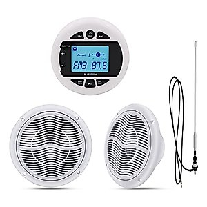 Herdio Marine Radio and Speakers Set Compatable with Bluetooth, Marine Gauge Head Unit+6.5 Inch Marine Flush Wall Mount Ceiling Speakers+Rubber Flexible Mast FM AM Antenna White