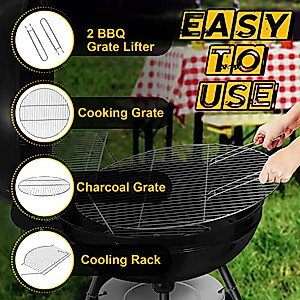 22 inches Outdoor Charcoal Grill Set of 12, Leonyo Large Kettle BBQ Charcoal Grill for Camping, Round Barbecue Grill Cooking Accessories with Charcoal Chimney Starter, Grill Cover, Tongs for Backyard