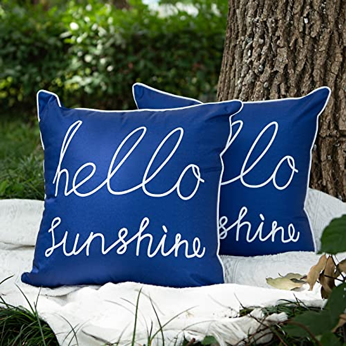YIcabinet Set of 2 Decorative Outdoor Waterproof Pillow Covers,Square Garden Cushion,Hello Sunshine Print Pillowcase for Patio Tent Couch 18x18 Inch,Blue