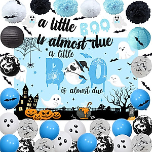 JOYMEMO Halloween Baby Shower Decorations Boy - A Little Boo is Almost Due Backdrop with Banner Blue and Black, Paper Lanterns Pom Poms, Bat Wall Stickers for Pregnancy Celebration Newborn Party