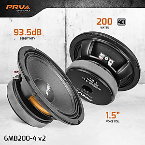 PRV AUDIO 6.5 Midbass Speaker 6MB200-4 v2 4 Ohms - 200 Watts 93.5 dB 1.5" Voice Coil - 6 Inch Speaker for Car Audio with Outstanding Vocals and Punch for Small Custom Enclosures - Pro Audio (Single)