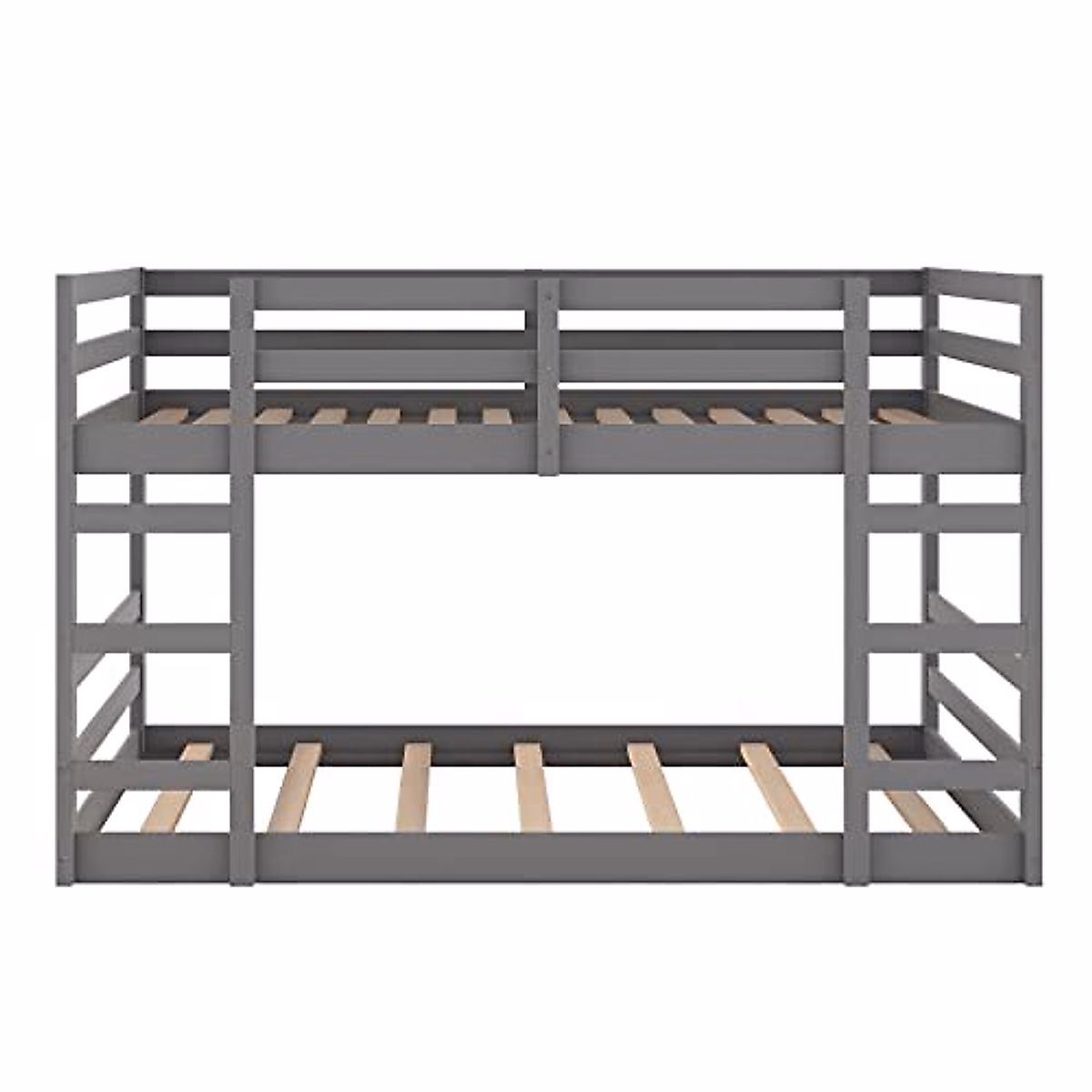 Bunk Beds Full Over Full Low Bunk Bed Frame Wood Floor Bunkbed for Kids Toddlers Boys Girls Teens’ Bedroom Dorm, Gray
