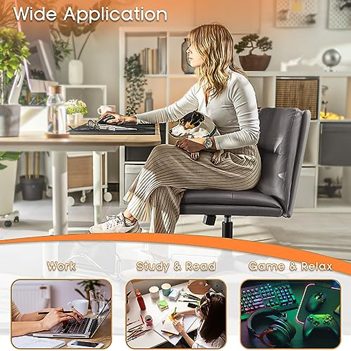 PUKAMI Armless Office Desk Chair No Wheels,PU Padded Modern Swivel Criss Cross Legged Chair,Height Adjustable Wide Seat Computer Task Chair for Home Office,Mid Back Accent Vanity Chair (Grey)