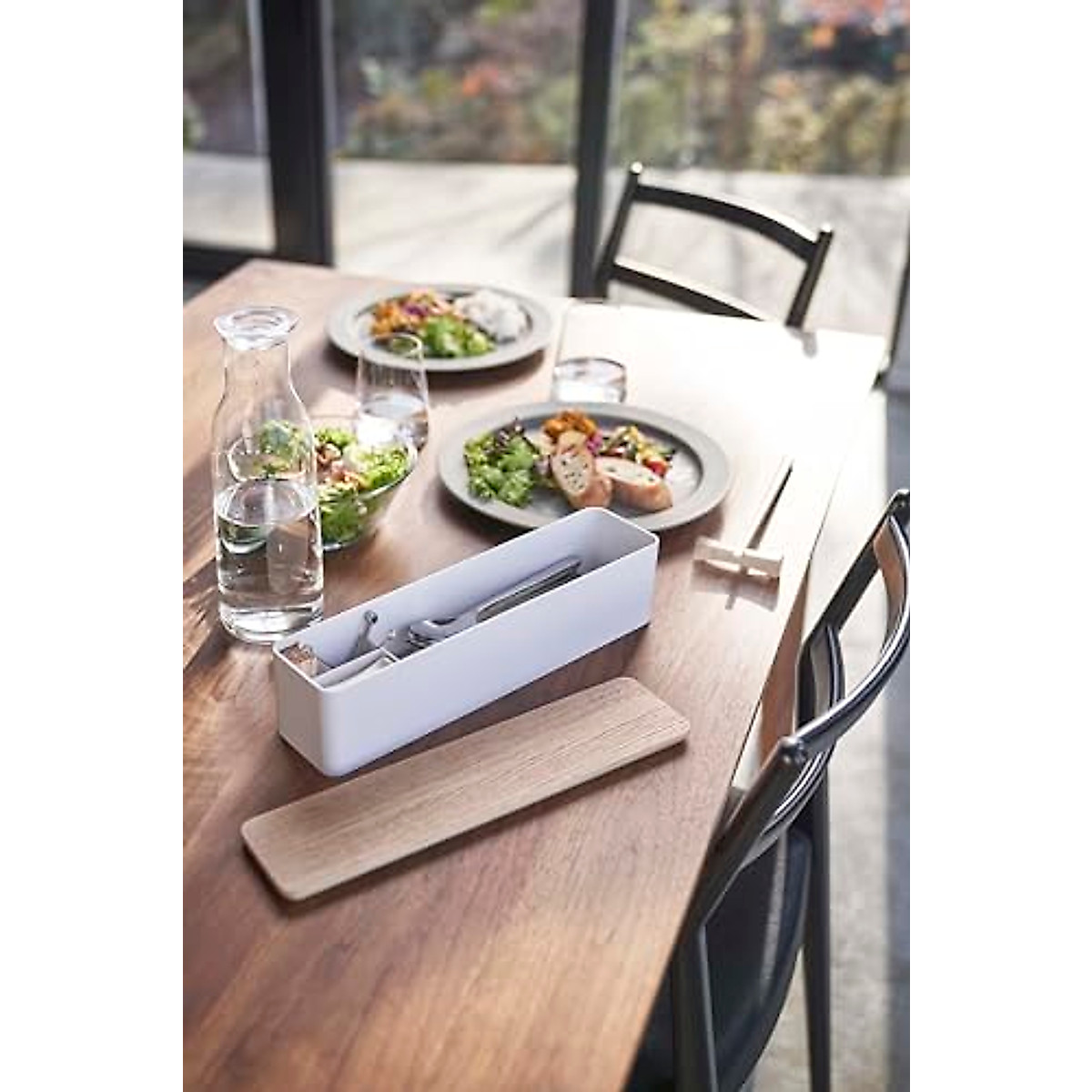 YAMAZAKI Home Rin Utensil Case Knife Fork Spoon Silverware Cutlery Holder With Divider, Portable For Kitchen Counter Or Table - Plastic + Wood