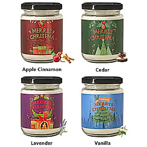 Merry Christmas Candles for Women Home Gift Set, 4 Packs Soy Wax Candles, Apple & Cinnamon, Lavender, Vanilla and Cedar Scented Glass Jar Candles for Holiday Party, 35Hr Long Burning