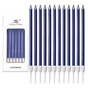 TOYMIS 24 Pieces Metallic Birthday Candles in Holders Tall Birthday Cake Candles Long Thin Cupcake Candles for Birthday Wedding Party Baby Shower Decoration (Blue)