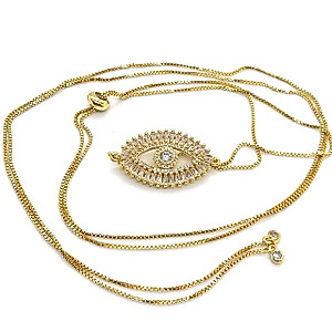 LESLIE BOULES Gold Evil Eye Lariat Necklace for Women 18K Gold Plated Sliding Adjustable Chain Choker Jewelry